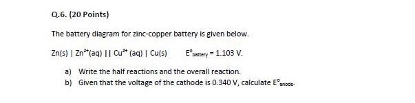 Solved 0.6. (20 Points) The battery diagram for zinc-copper | Chegg.com