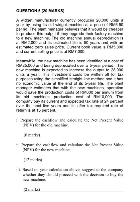 Solved QUESTION 5 (20 MARKS) A widget manufacturer currently | Chegg.com