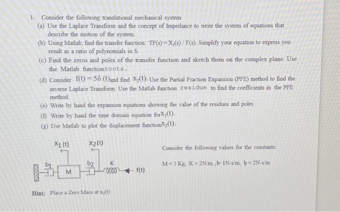 Solved 1- Consider the following translational mechanical | Chegg.com