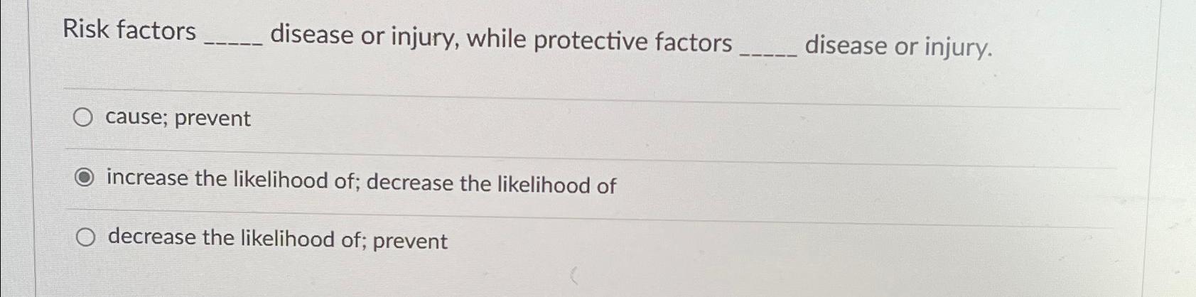 Solved Risk factors disease or injury, while protective | Chegg.com