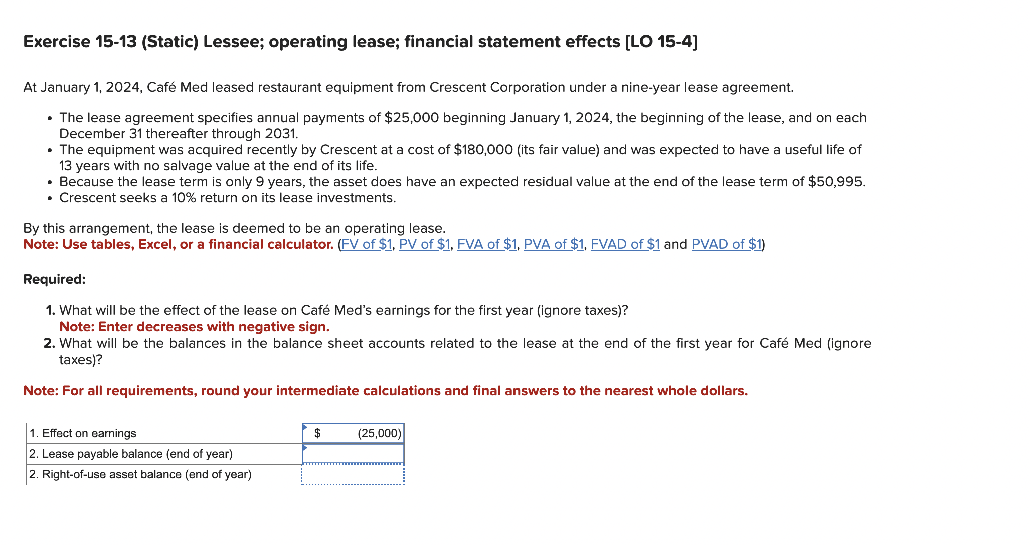 Solved Exercise 15-13 (Static) ﻿Lessee; operating lease; | Chegg.com