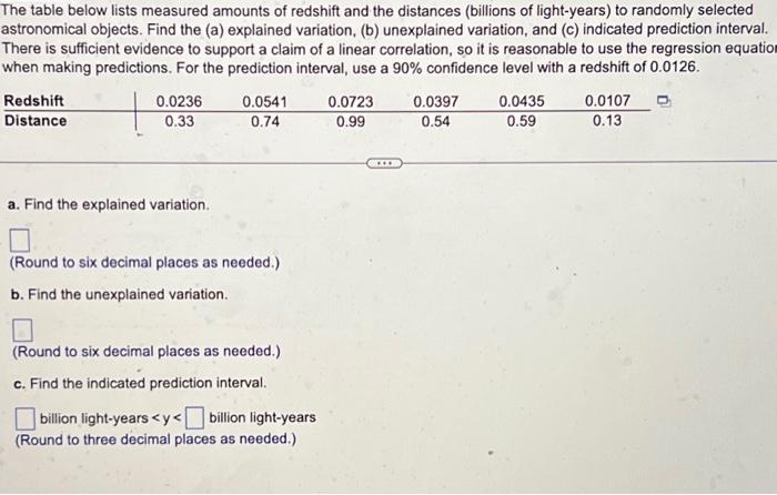 Solved The table below lists measured amounts of redshift | Chegg.com