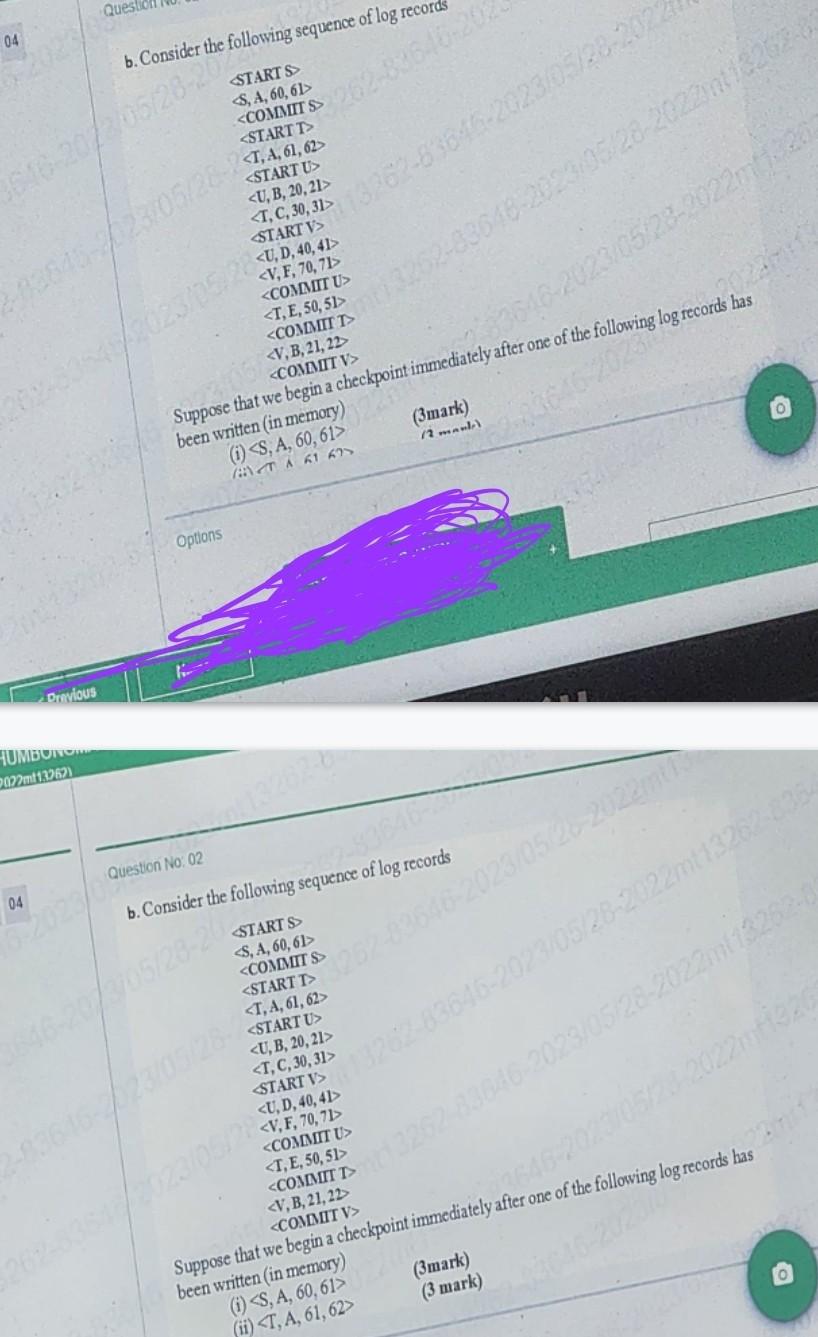 Solved b. Consider the following sequence of log records | Chegg.com