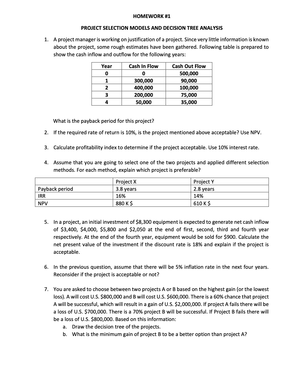 HOMEWORK #1 ﻿PROJECT SELECTION MODELS AND DECISION | Chegg.com