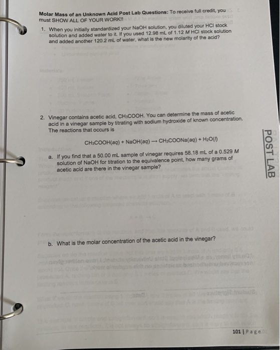 Solved Molar Mass of an unknown Acid Post Lab Questions: To | Chegg.com