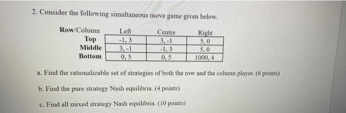 Solved 2. Consider the following simultaneous move game | Chegg.com