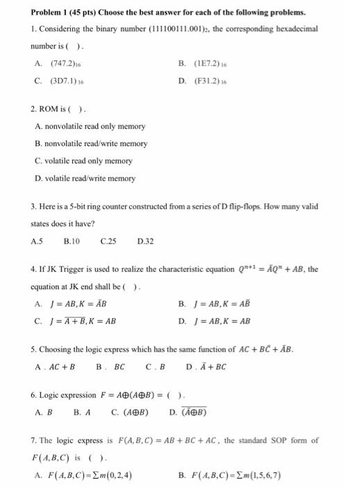 Solved Problem 1 (45 pts) Choose the best answer for each of | Chegg.com