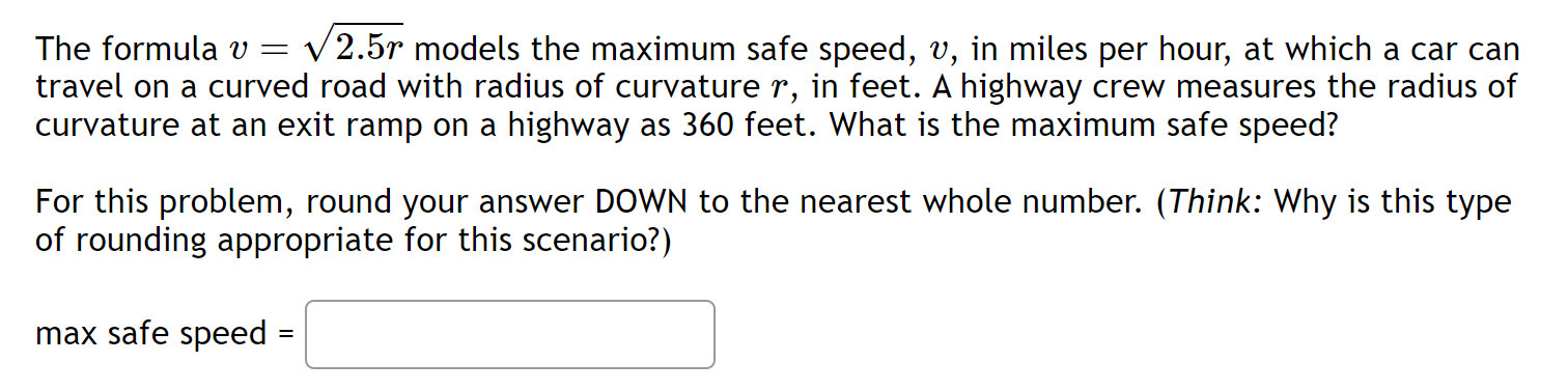 Solved The formula v=2.5r2 ﻿models the maximum safe speed, | Chegg.com