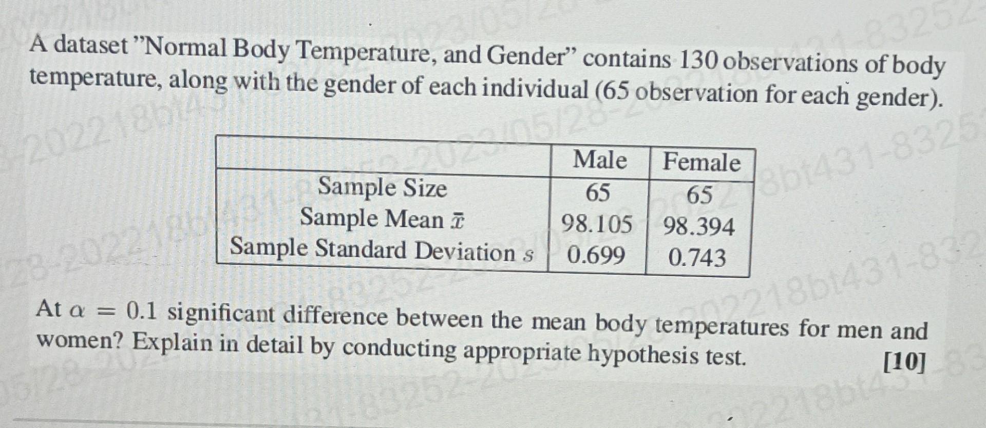 Solved A dataset "Normal Body Temperature, and Gender' | Chegg.com