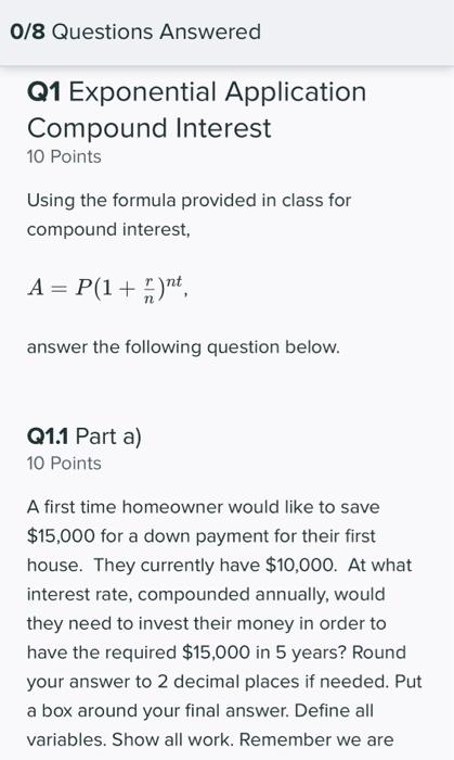 Solved Q1 Exponential Application Compound interest 10 pont | Chegg.com