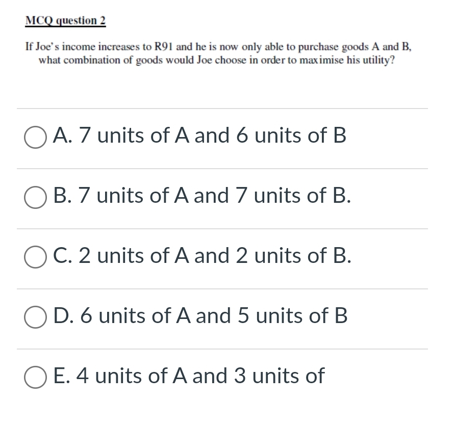 Solved MCQquestion 2If Joe's income increases to R91 ﻿and he | Chegg.com