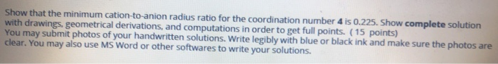 Solved Show That The Minimum Cation To Anion Radius Ratio