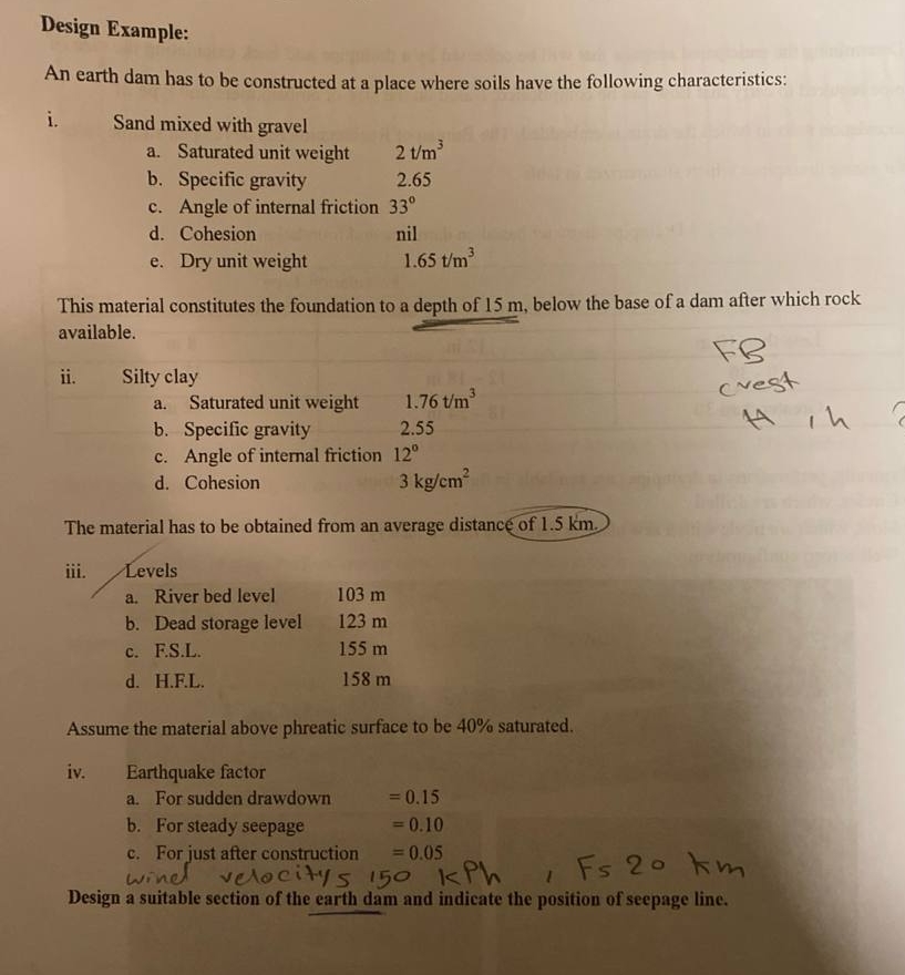 Design Example:An earth dam has to be constructed at | Chegg.com