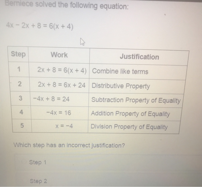 Solved Berniece solved the following equation: 4x - 2x + 8 = | Chegg.com Solved Berniece solved the following equation: 4x - 2x + 8 = | Chegg.com