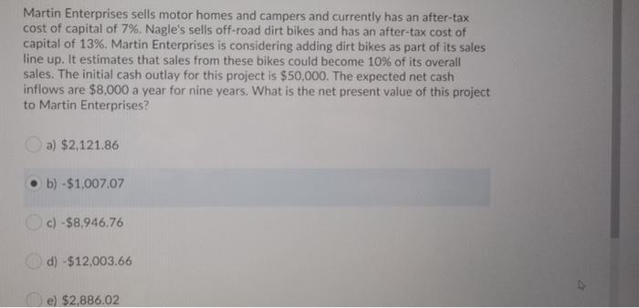 Solved Martin Enterprises sells motor homes and campers and | Chegg.com