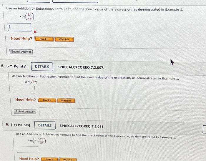 Solved Use an Addition or Subtraction Formula to find the | Chegg.com