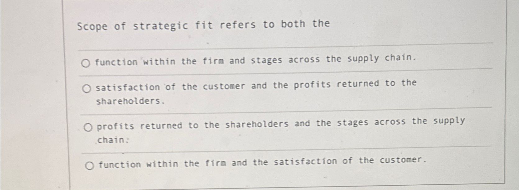 Solved Scope of strategic fit refers to both thefunction | Chegg.com