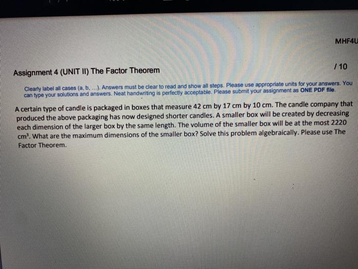 Solved MHF4U Assignment 4 (UNIT II) The Factor Theorem 110 | Chegg.com
