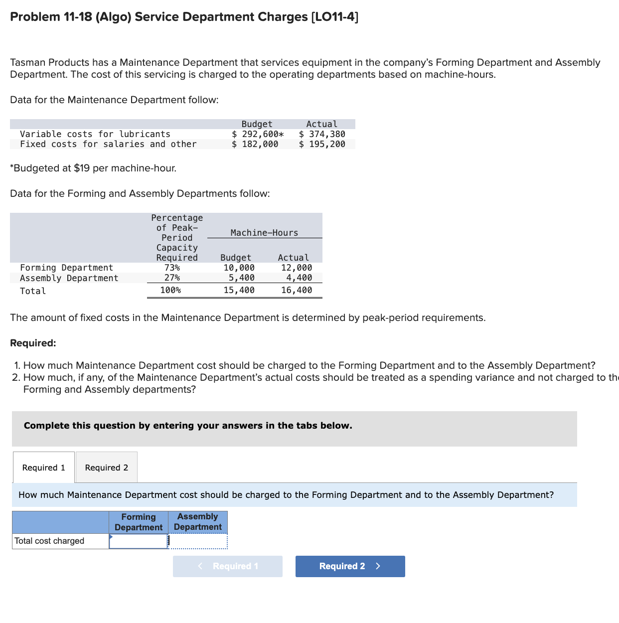 Solved Problem 11-18 (Algo) ﻿Service Department Charges | Chegg.com