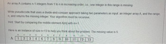 Solved An array A contains n-1 integers from 1 to n in | Chegg.com