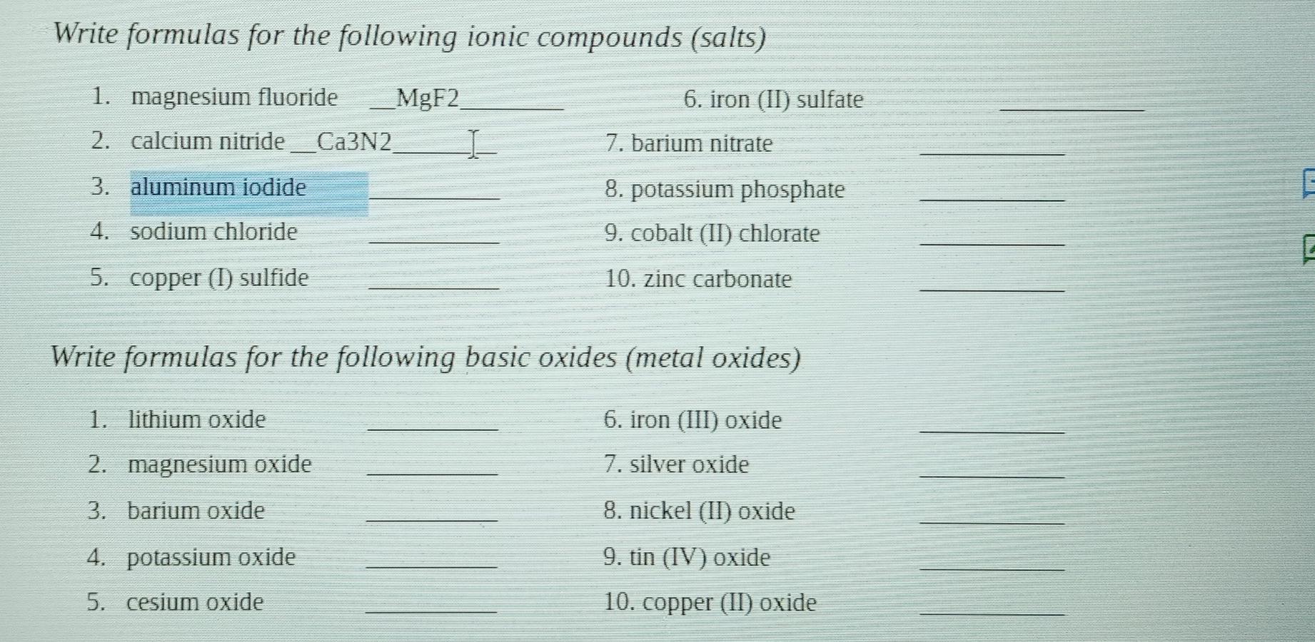 Solved Write formulas for the following ionic compounds | Chegg.com