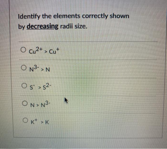 Solved Identify the elements correctly shown by decreasing | Chegg.com