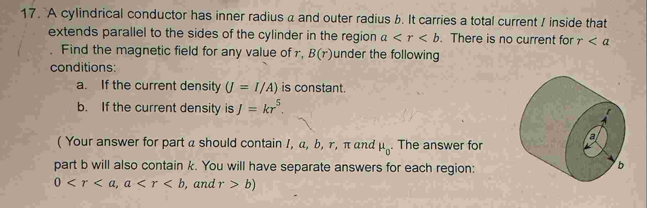 Solved A cylindrical conductor has inner radius a and outer | Chegg.com