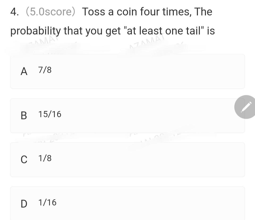 Solved 4. (5.0score) Toss a coin four times, The probability | Chegg.com
