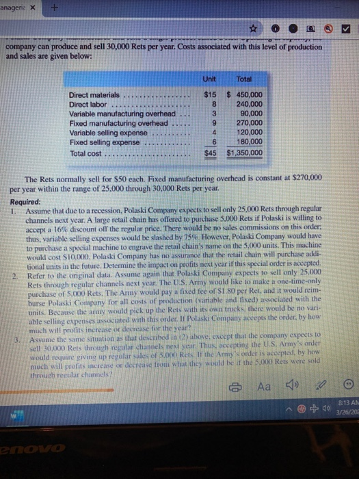 Solved anageria X + company can produce and sell 30,000 Rets | Chegg.com