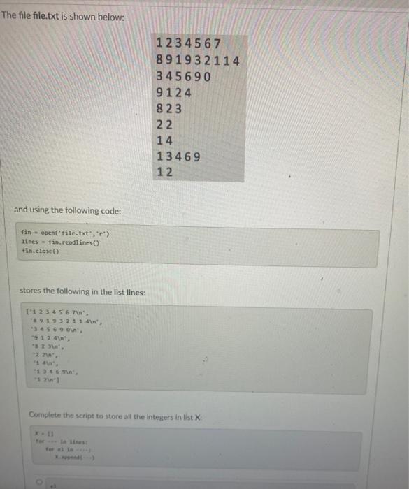 Solved The file file.txt is shown below: 1 2 3 4 5 6 7 89193 | Chegg.com