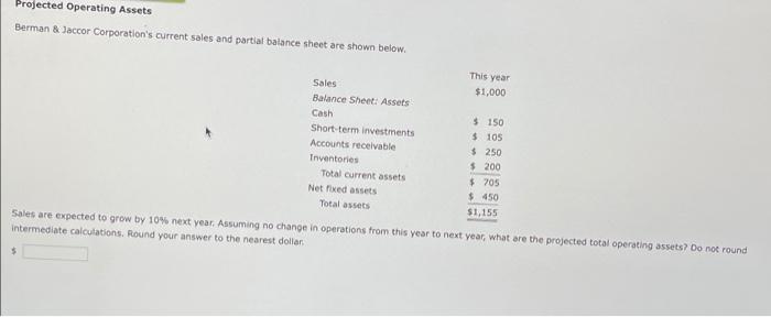 Solved Projected Operating Assets Berman & Jaccor | Chegg.com