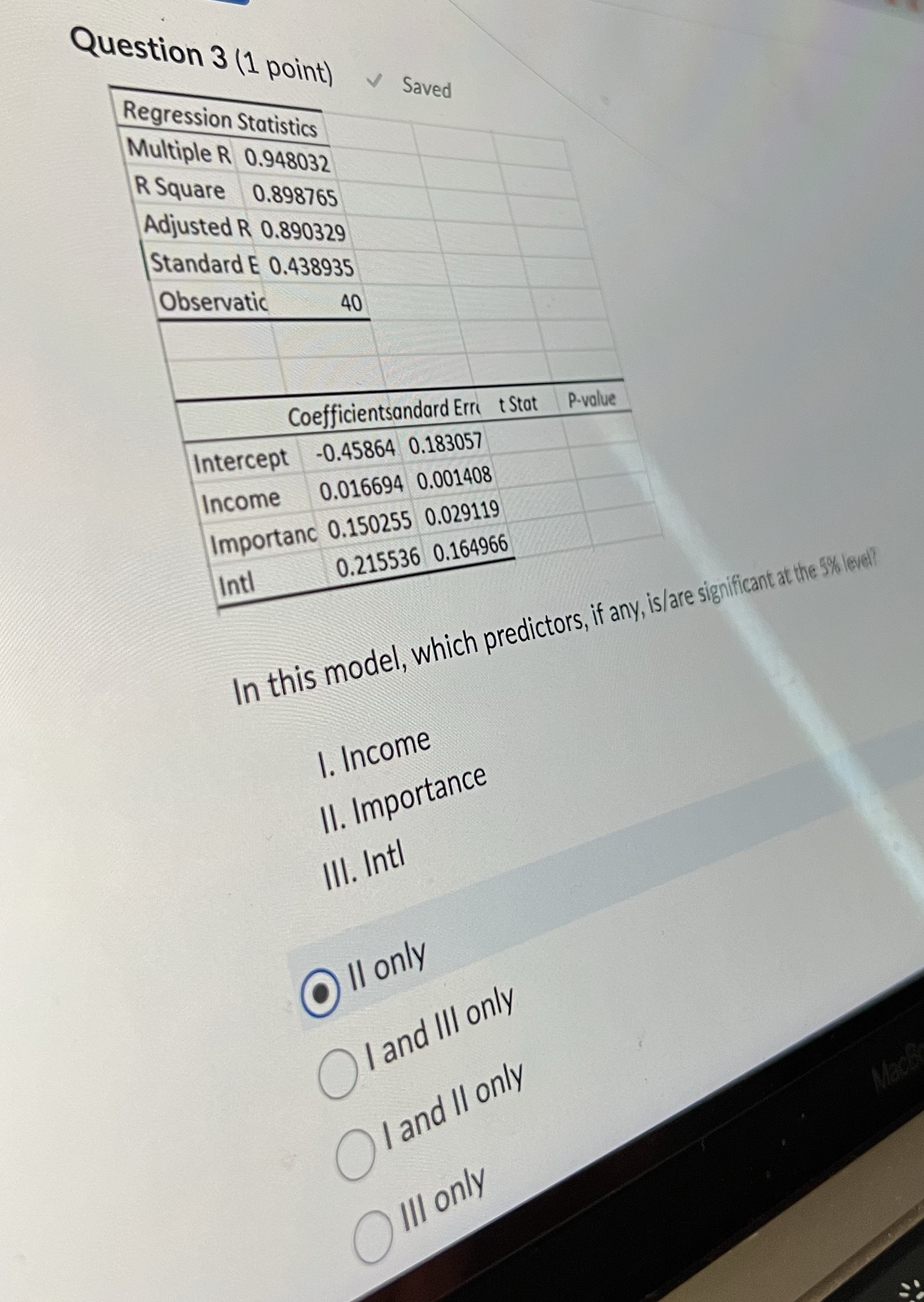 Solved Question 3 (1 ﻿point)\table[[Regression | Chegg.com