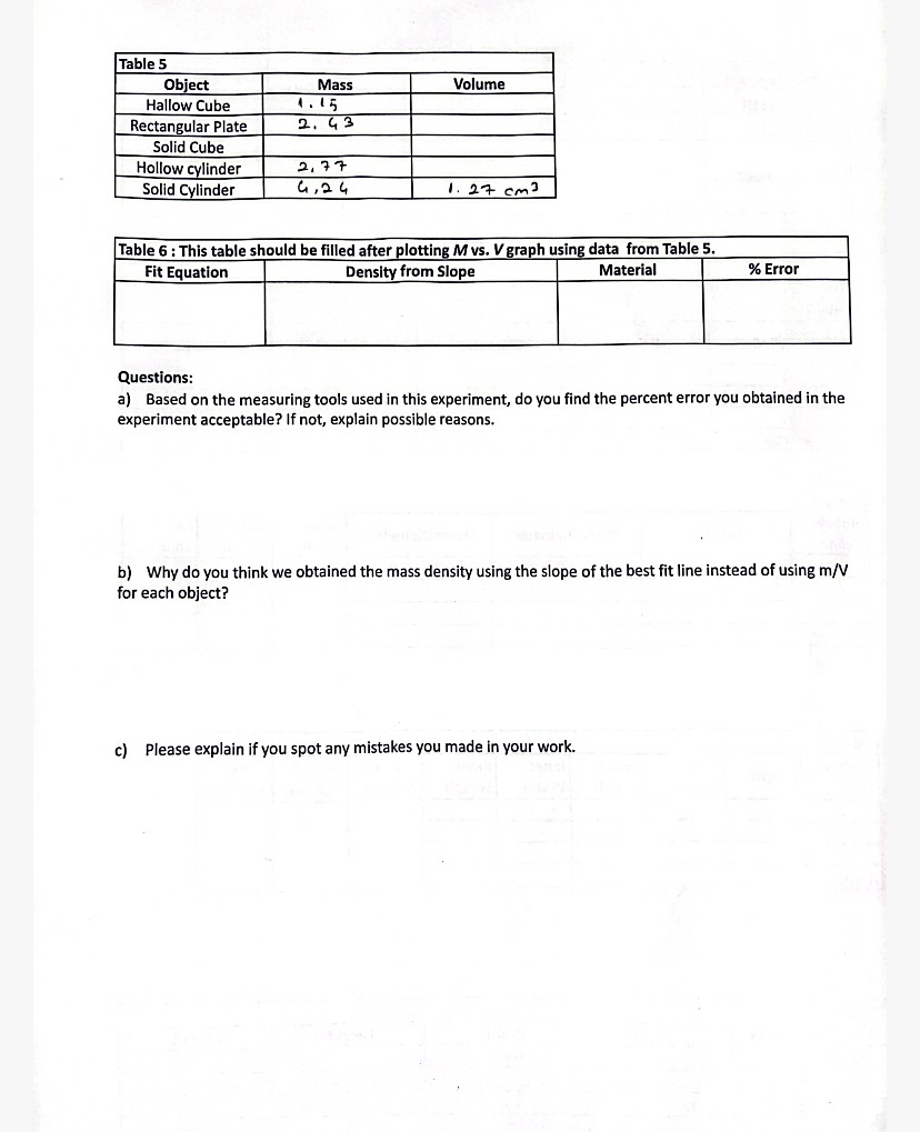 After completing the tables draw the graph mass and | Chegg.com