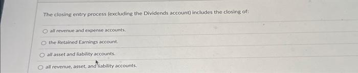 Solved The closing entry process (excluding the Dividends | Chegg.com