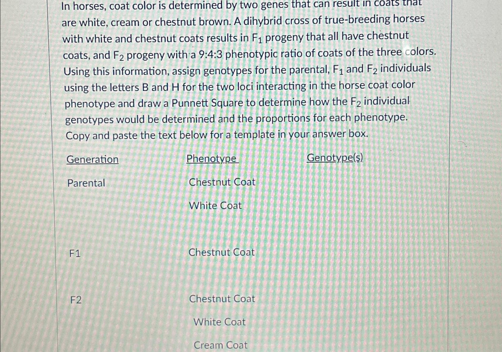 Solved In horses, coat color is determined by two genes that | Chegg.com