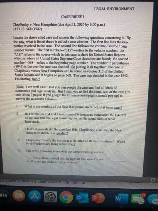 LEGAL ENVIRONMENT CASE BRIEFI Chaplinsky v. New | Chegg.com
