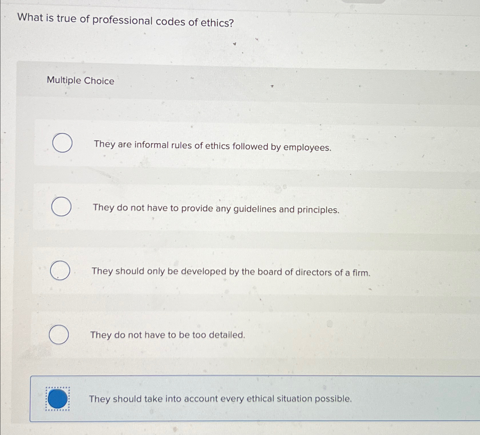 Solved What is true of professional codes of ethics?Multiple | Chegg.com