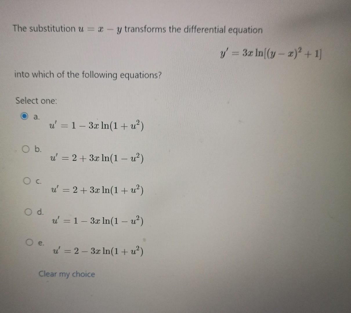 Solved The substitution u=x−y transforms the differential | Chegg.com