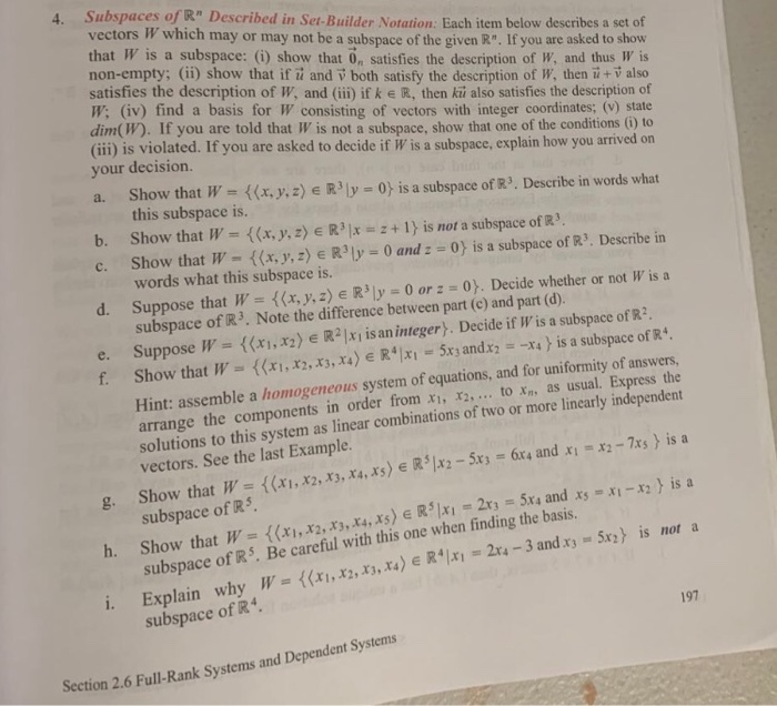 Solved 4. Subspaces of R" Described in Set-Builder Notation: | Chegg.com