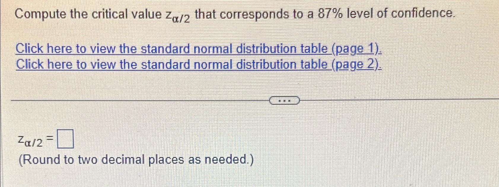 Solved Compute the critical value zα2 ﻿that corresponds to a | Chegg.com
