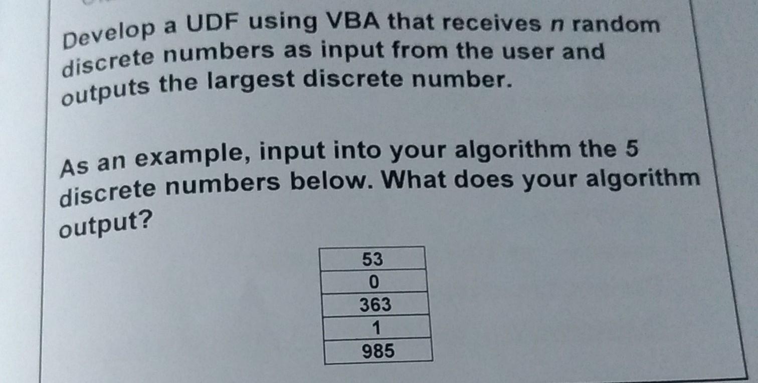 Solved Develop A Udf Using Vba That Receives N Random