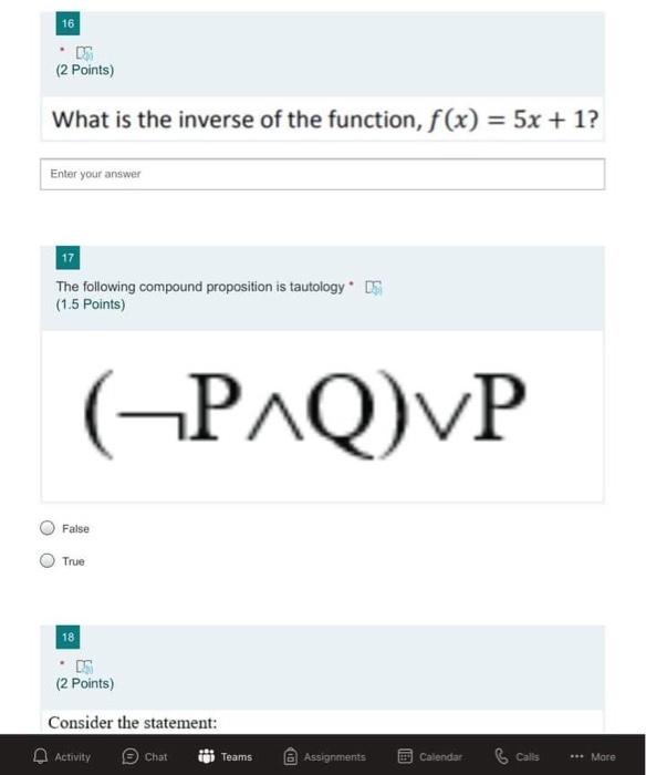 Solved 16 DS (2 Points) What is the inverse of the function, | Chegg.com