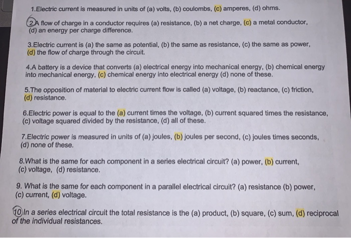 Solved 1.Electric current is measured in units of (a) volts, | Chegg.com