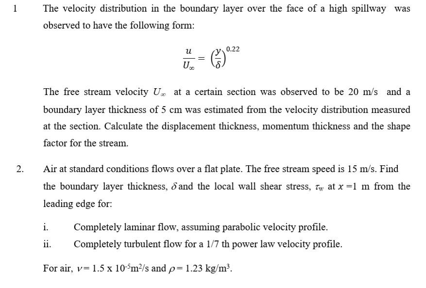 Solved 1 The velocity distribution in the boundary layer | Chegg.com