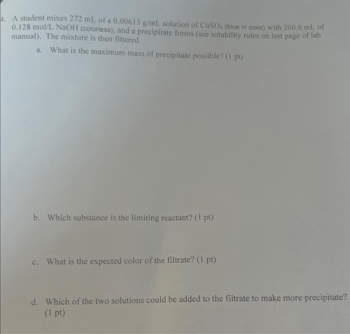 Solved A student mixes 272 mL of a 0.00613 g/mL solution of | Chegg.com