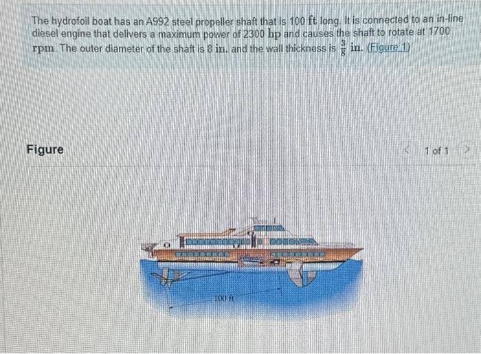 Solved The hydrofoil boat has an A992 steel propeller shaft | Chegg.com