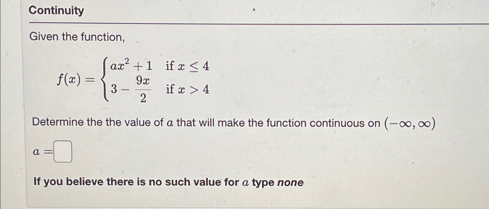 Solved ContinuityGiven the | Chegg.com