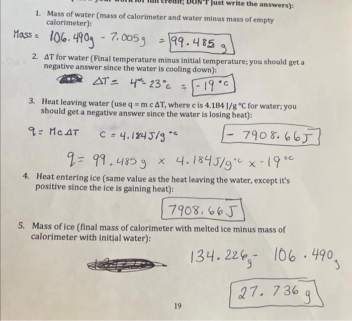 Solved 1. Mass of water (mass of calorimeter and water minus | Chegg.com