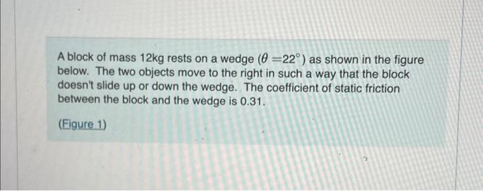 Solved A block of mass 12 kg rests on a wedge (θ=22∘) as | Chegg.com