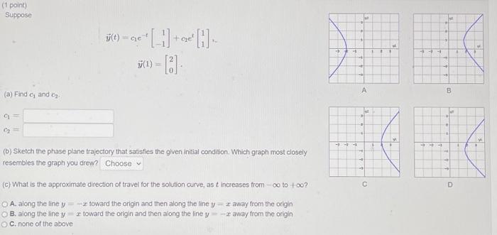 Solved (1 point) Suppose y(t)=c1e−t[1−1]+c2et[11]=y(1)=[20]. | Chegg.com
